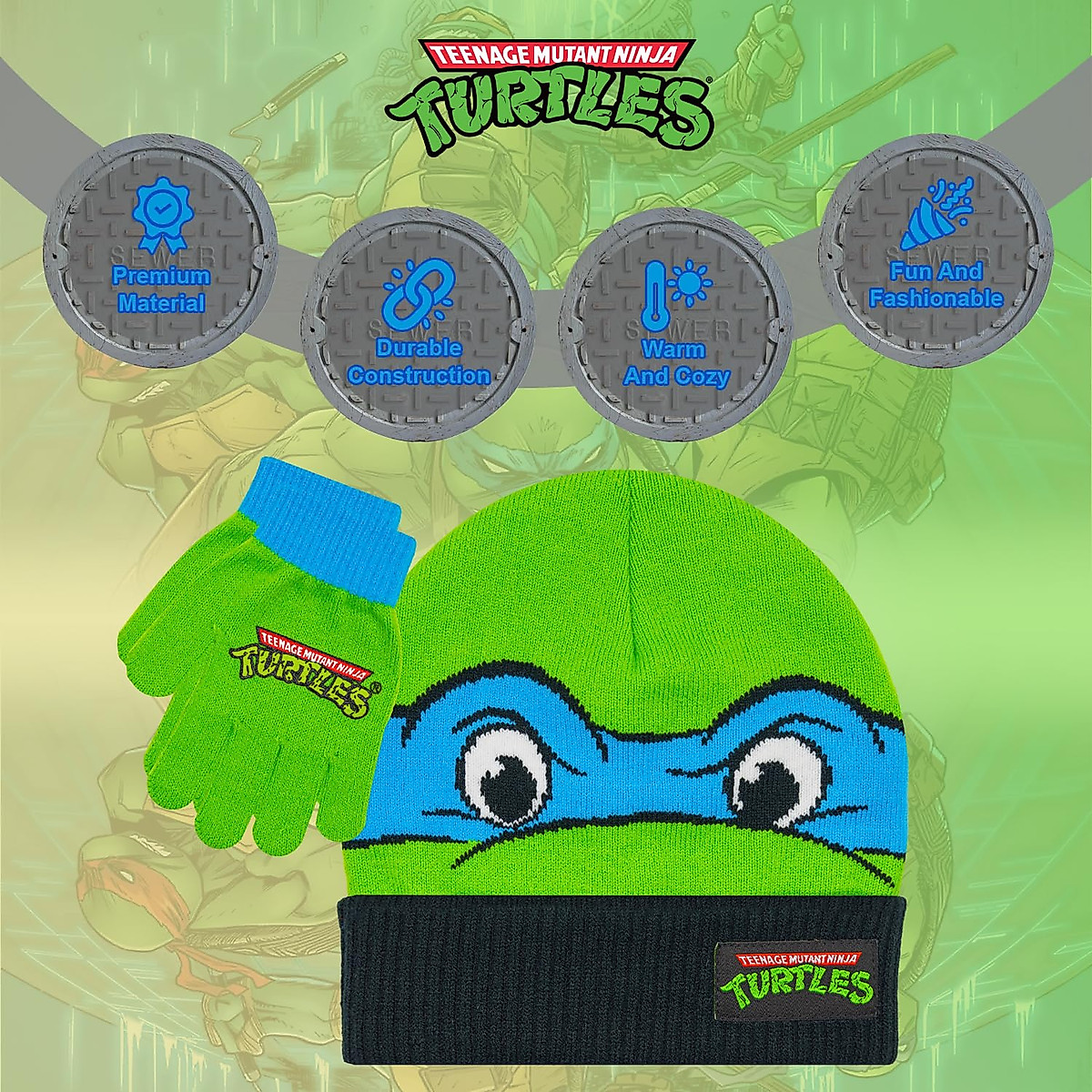 Teenage Mutant Ninja Turtles Boys Winter Hat Ages 4-12 with Winter Gloves – Boys TMNT Winter Hat and Glove Set