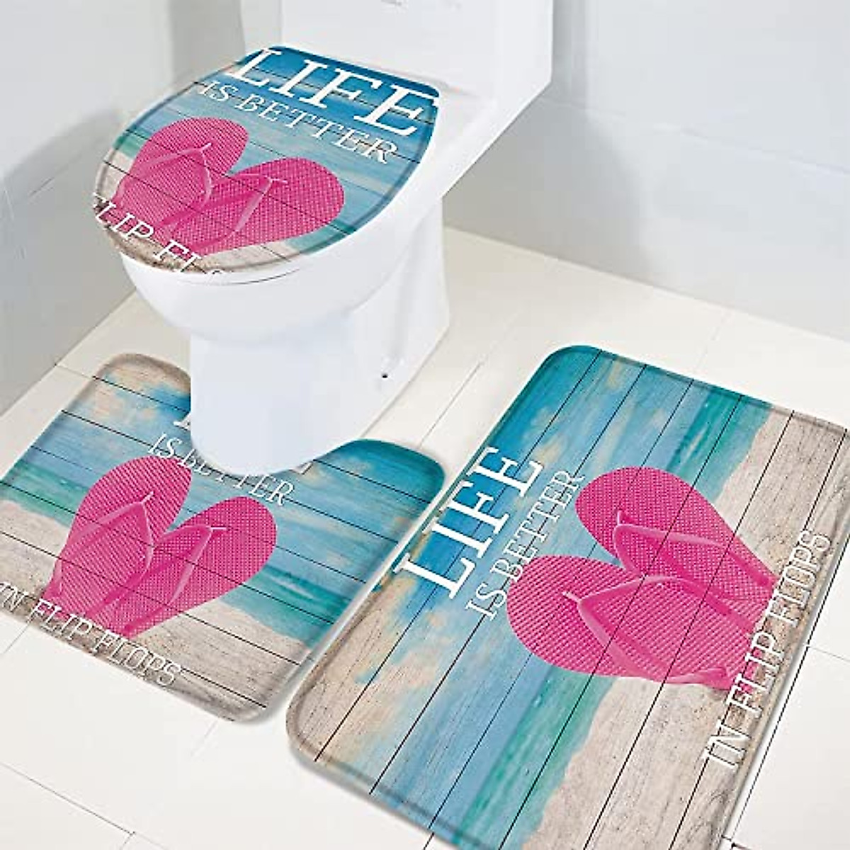 Apular Fashion 3 Piece Bath Rugs Set Pink Flip Flops on The Beach, Vintage Blue Farm Wooden Grain Non Slip Ultra Soft Bathroom Accessories Mats, U Shape Mat and Toilet Lid Cover Mat Bath Mats