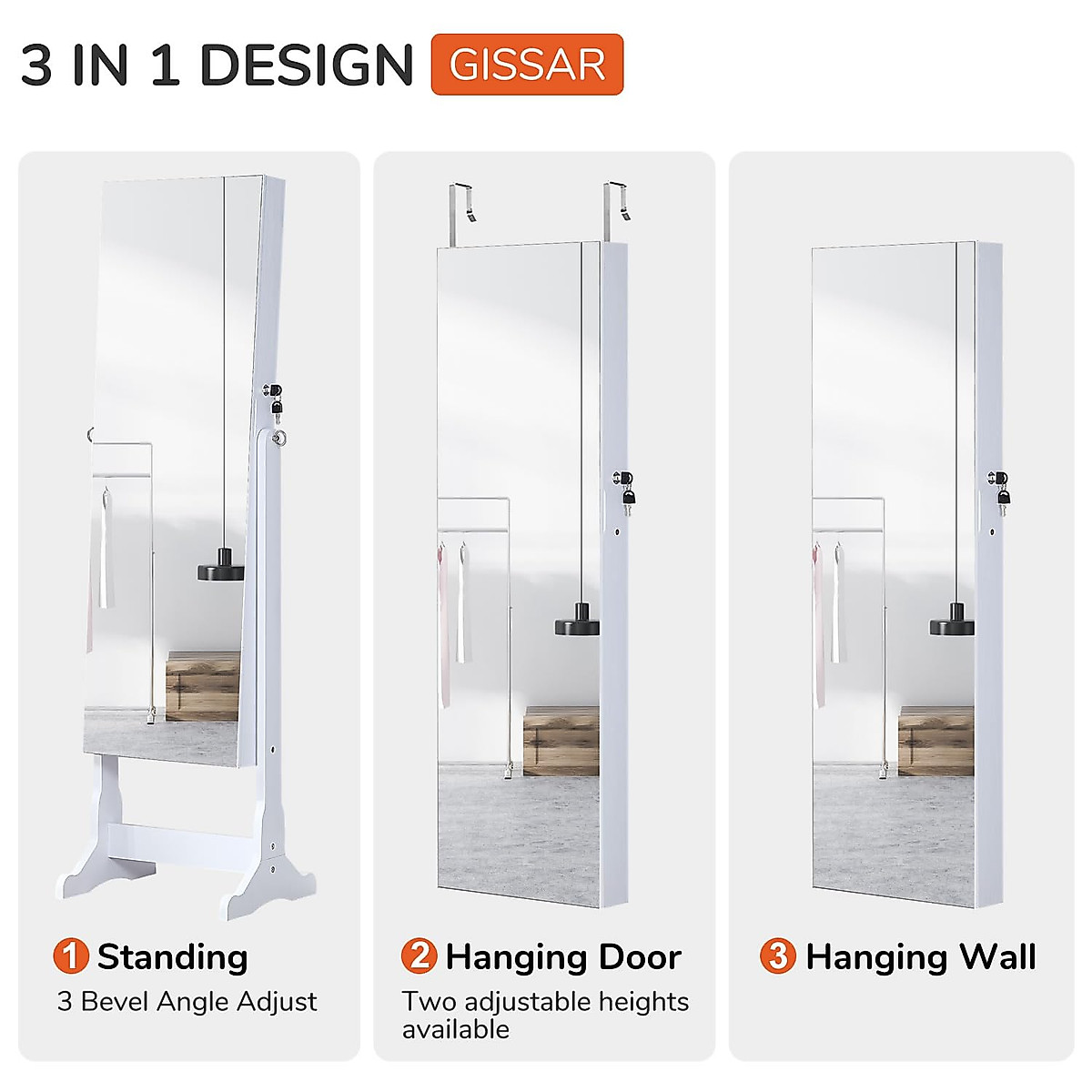 GISSAR Jewelry Organizer Full Length Mirror Jewelry Cabinet Standing/Wall/Hanging Door Jewelry Armoire Storage with Lights, Lockable, White