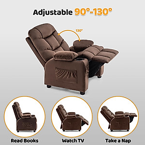 MCombo Big Kids Recliner for Ages 3+, Child Recliner Chair, Toddlers Recliner Sofa with Cup Holders (Velvet, Brown)