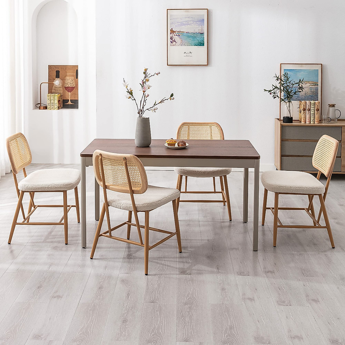 ONEVOG Classic Fabric Dining Chairs, Plush Upholstered Dining Seat，Kitchen Dining Room Chair with Curved Back, Faux Wood Metal Legs, Mid Century Modern Beige Dinner Chairs Set of 2