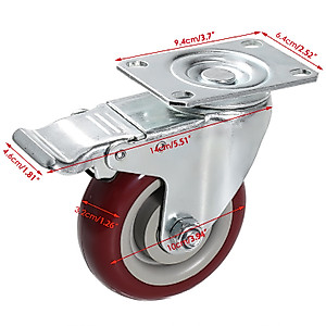 4 Inch Caster Wheels, Set of 4, Heavy Duty Casters Load 2400lbs with Brakes & Top Plate, 360-degree Swivel Casters for Furniture and Workbench Cart (Free Hardware Kit)