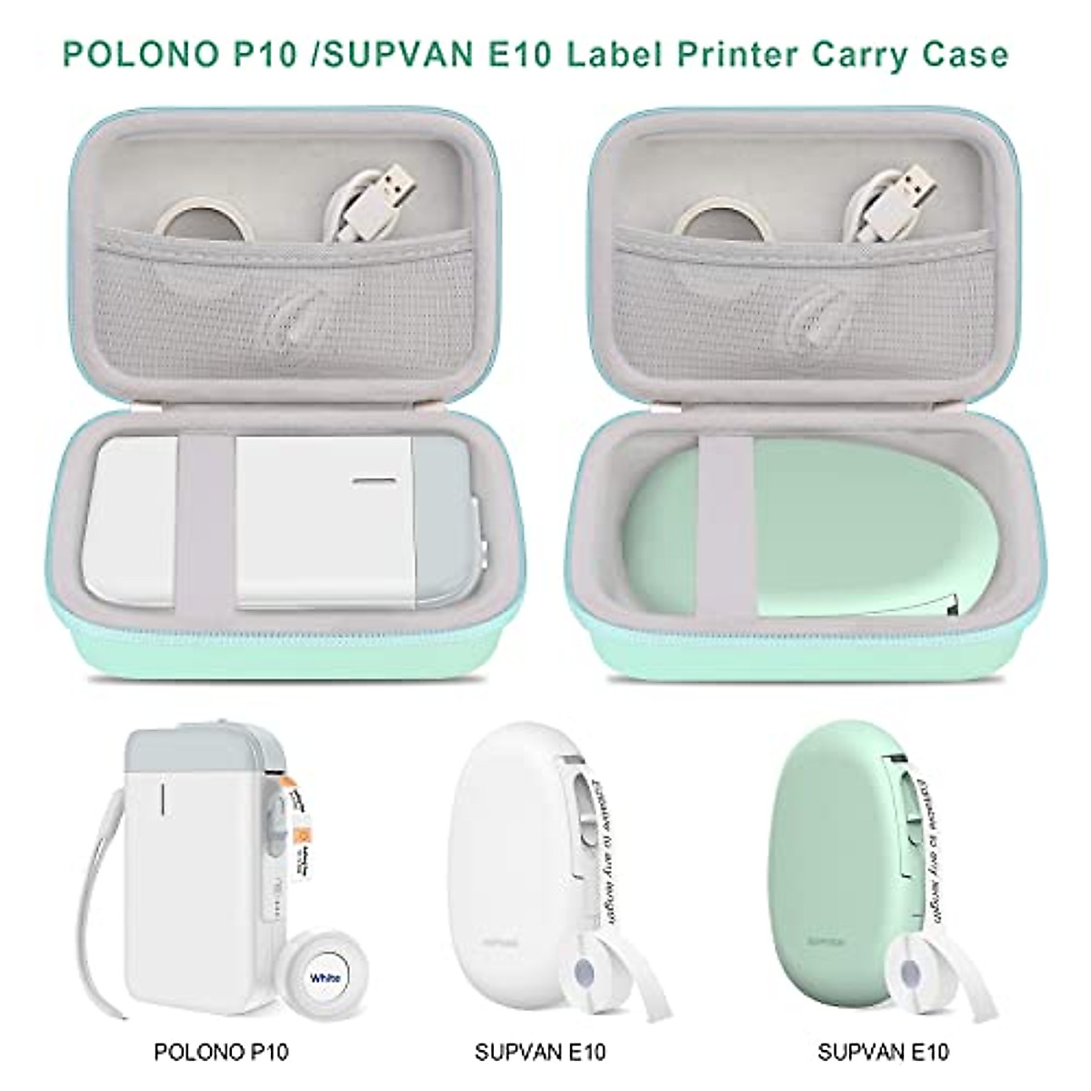 Elonbo Label Maker Case for SUPVAN E10 Mini Bluetooth Label Printer/POLONO P10 Mini Label Printer, Extra Interior Mesh Pocket Fits Label Paper Cable, Green. (CASE ONLY! Label Maker not Included)