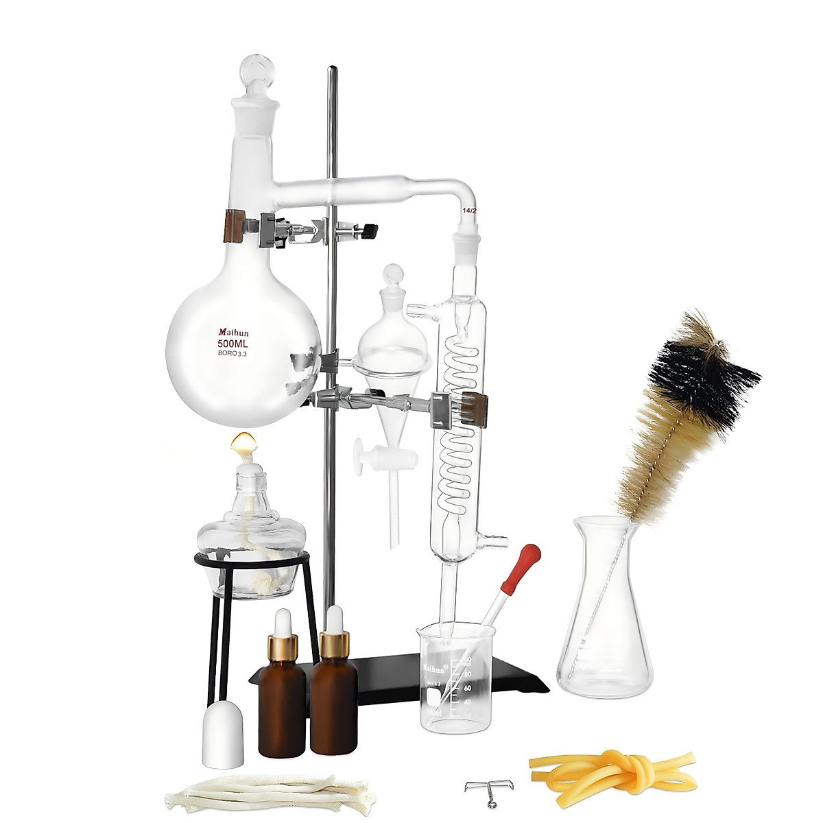 Cherish XT Home Distiller Distilling to Making Your Own Essential Oil, Moonshine, 3.3 Boro Alcohol Distiller Chemistry Lab Glassware Kit,Glass Distilling,Distillation Apparatus 15pcs Set, 500 ML
