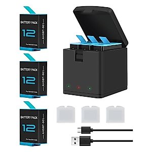 Amityke Hero 9 10 11 12 Battery 3-Pack, 1800mAh Battery Capacity, with USB Storage Fast Charger and Battery Protective Case, Fully Compatible with Gopro Hero 9 10 11 12 Black