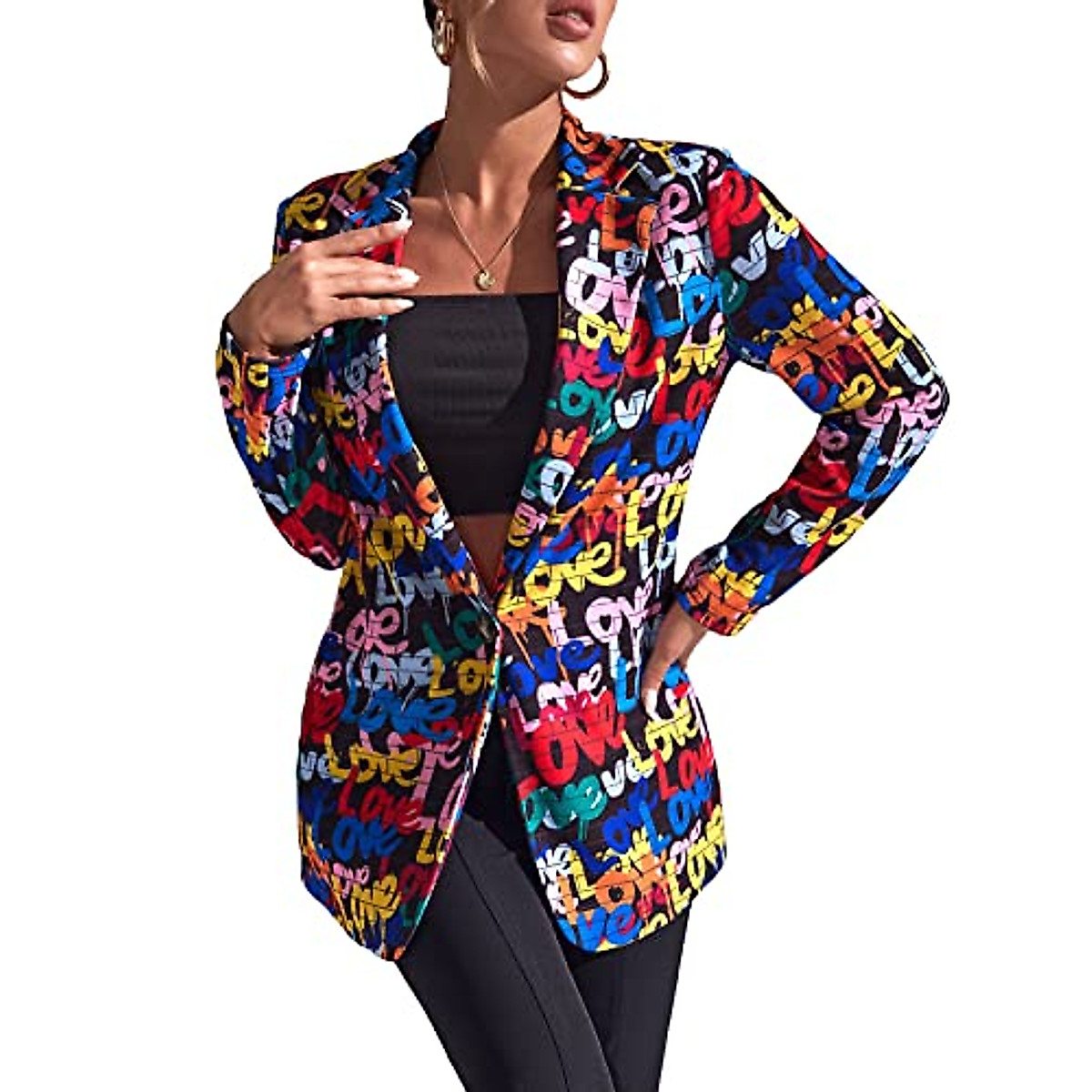 WDIRARA Women's Color Block Graphic Print Long Sleeve Lapel Blazer Jacket Multicolor Letters L