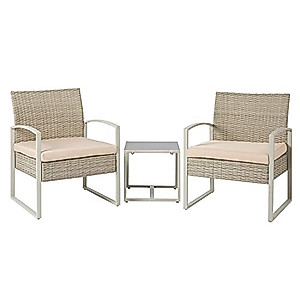 Aoxun 3 Pieces Patio Set Wicker Bistro Table Set, Outdoor Patio Furniture Conversation, Two Rattan Chairs with Glass Coffee Table for Terraces Poolsides and Cafes,Gray Beige