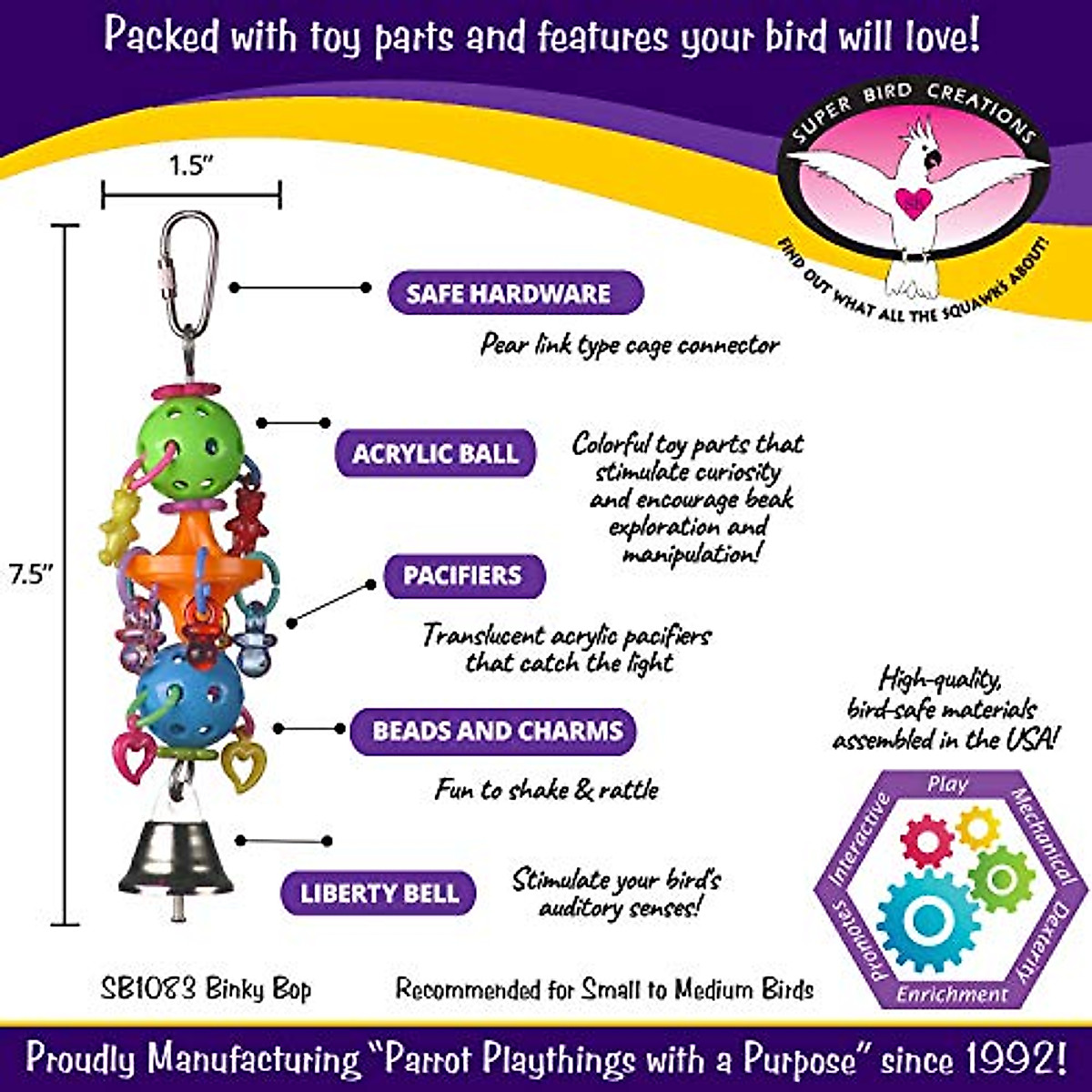 Super Bird Creations SB1083 Binky Bop Bird Toy, Medium Bird Size, 7.5" x 1.5"