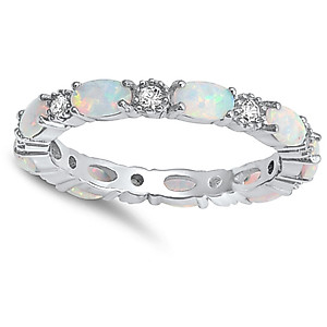 Clear CZ Oval White Simulated Opal Ring Sterling Silver Stackable Love Band Size 9