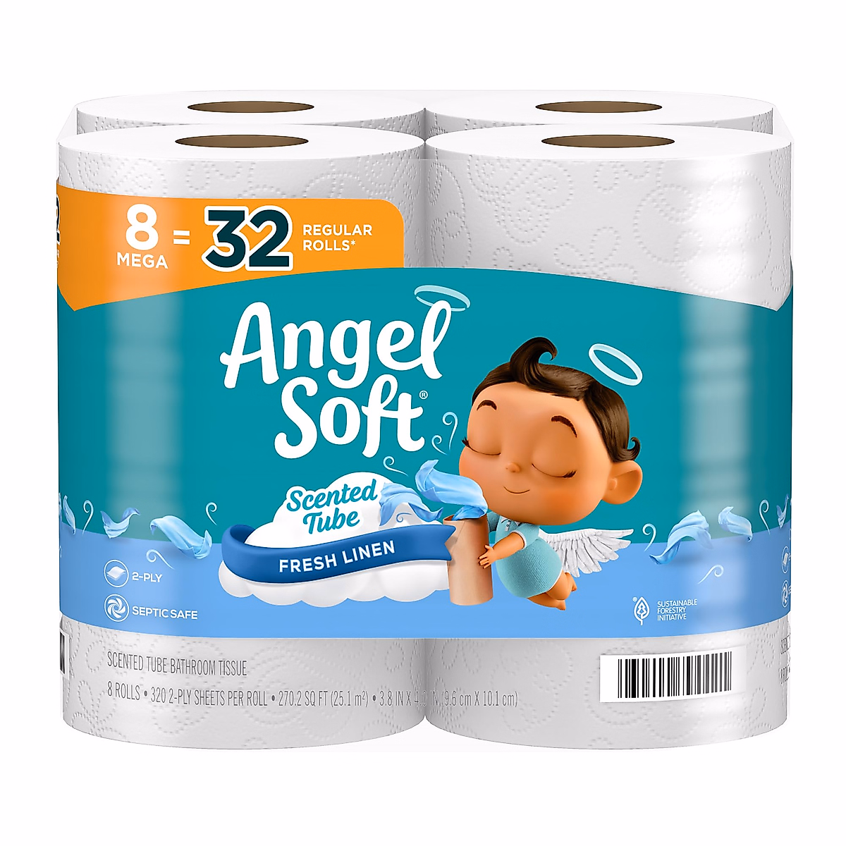 Angel Soft Toilet Paper with Fresh Linen Scented Tube, 8 Mega Rolls = 32 Regular Rolls, Soft and Strong Toilet Tissue