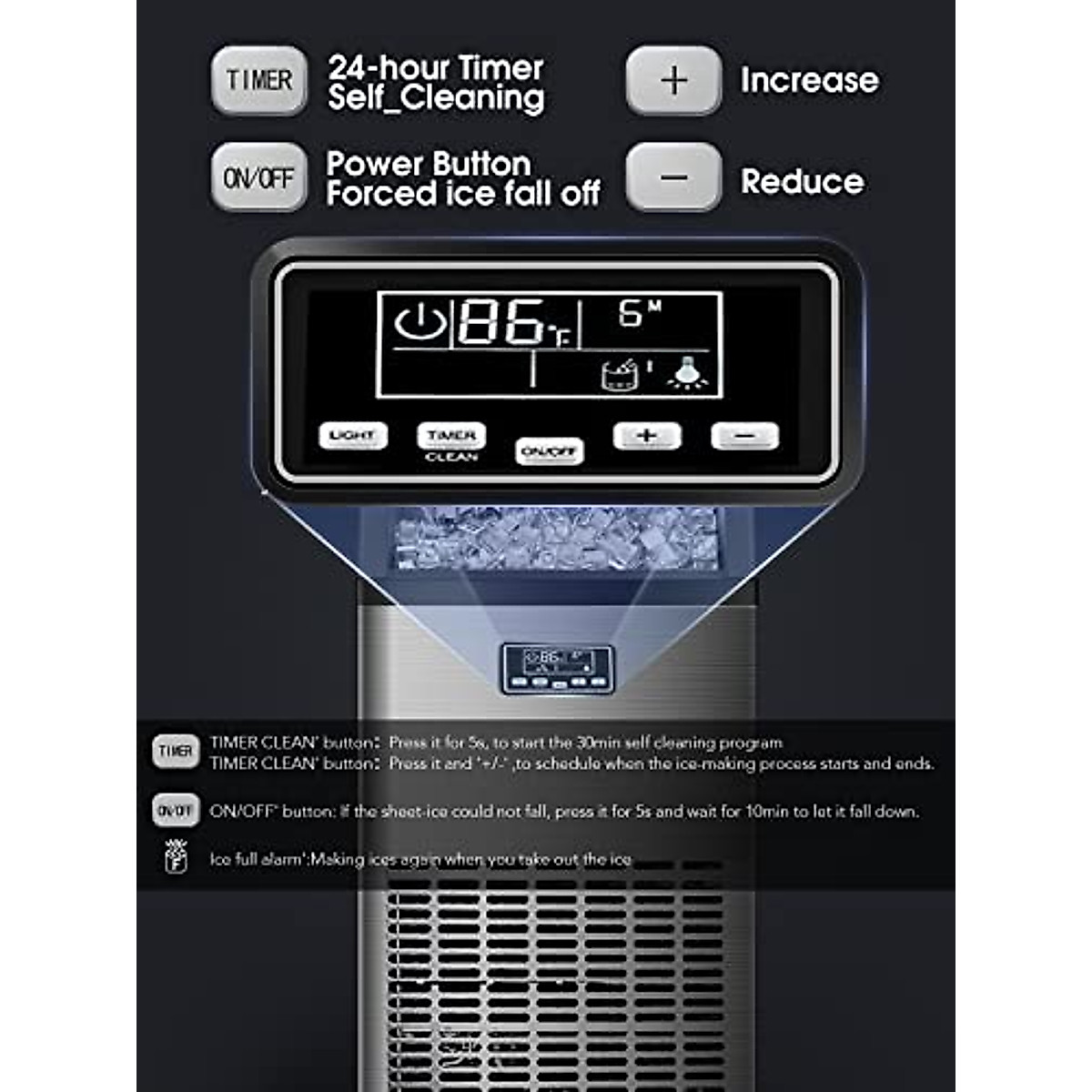 Joy Pebble Ice Maker Commercial,100lbs/24H/4,400pcs, 45 Cubes/Cycle,Ice Size Control,24H Timer,Freestanding Ice Maker Machine Under Counter, Ideal for Restaurants, Bars,Offices and Home Parties