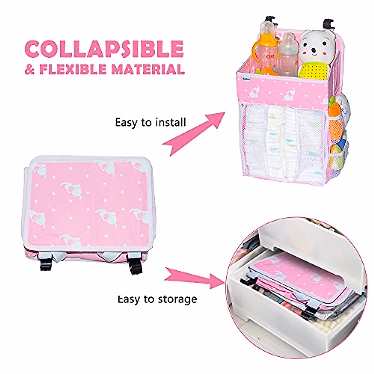 Selbor Baby Nursery Organizer and Diaper Caddy, Hanging Diaper Stacker Storage for Changing Table, Crib, Playard - Nursery Organization for Newborn (Pink Starry Elephant, Bottle Cooler Included)