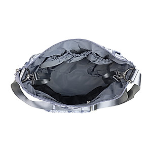 Diaper Bag Purse & matching Changing Pad in Premium Gray Nylon w/ 11 Pockets Insulated for Baby Bottles Silver Tone Hardware Perfect Spacious Crossbody Hobo Bags for Moms Grey Feathers Stroller Straps