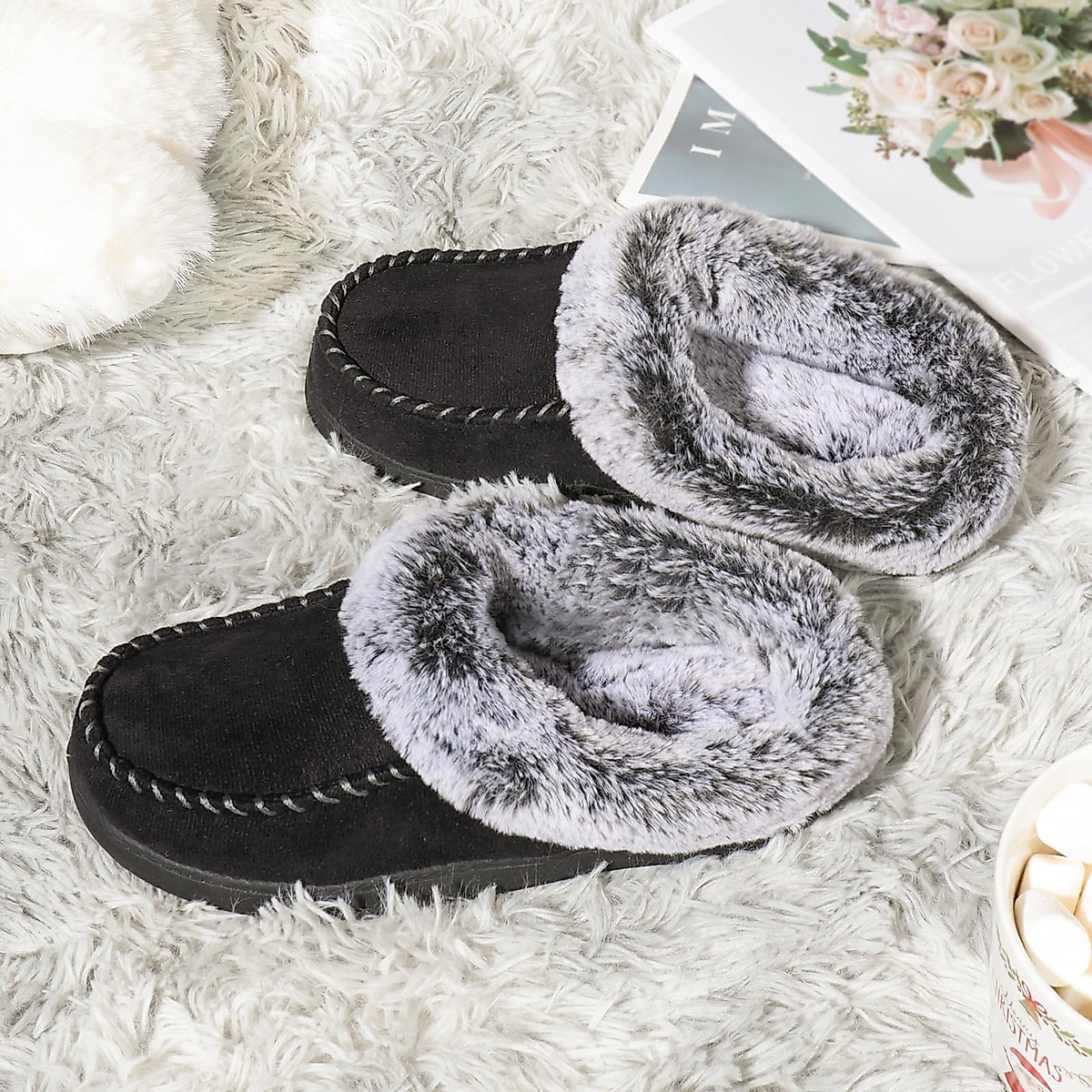 ULTRAIDEAS Women's Memory Foam House Slippers with Hard Bottom, Fur Lined House Shoes with Non-Slip Rubber Sole for Indoor & Outdoor (Black, 7-8)