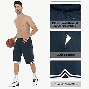 JWM Mens Long Basketball Shorts with Zip Pockets - 11" Mesh Athletic Gym Workout Sport Shorts Quick Dry Lightweight Navy