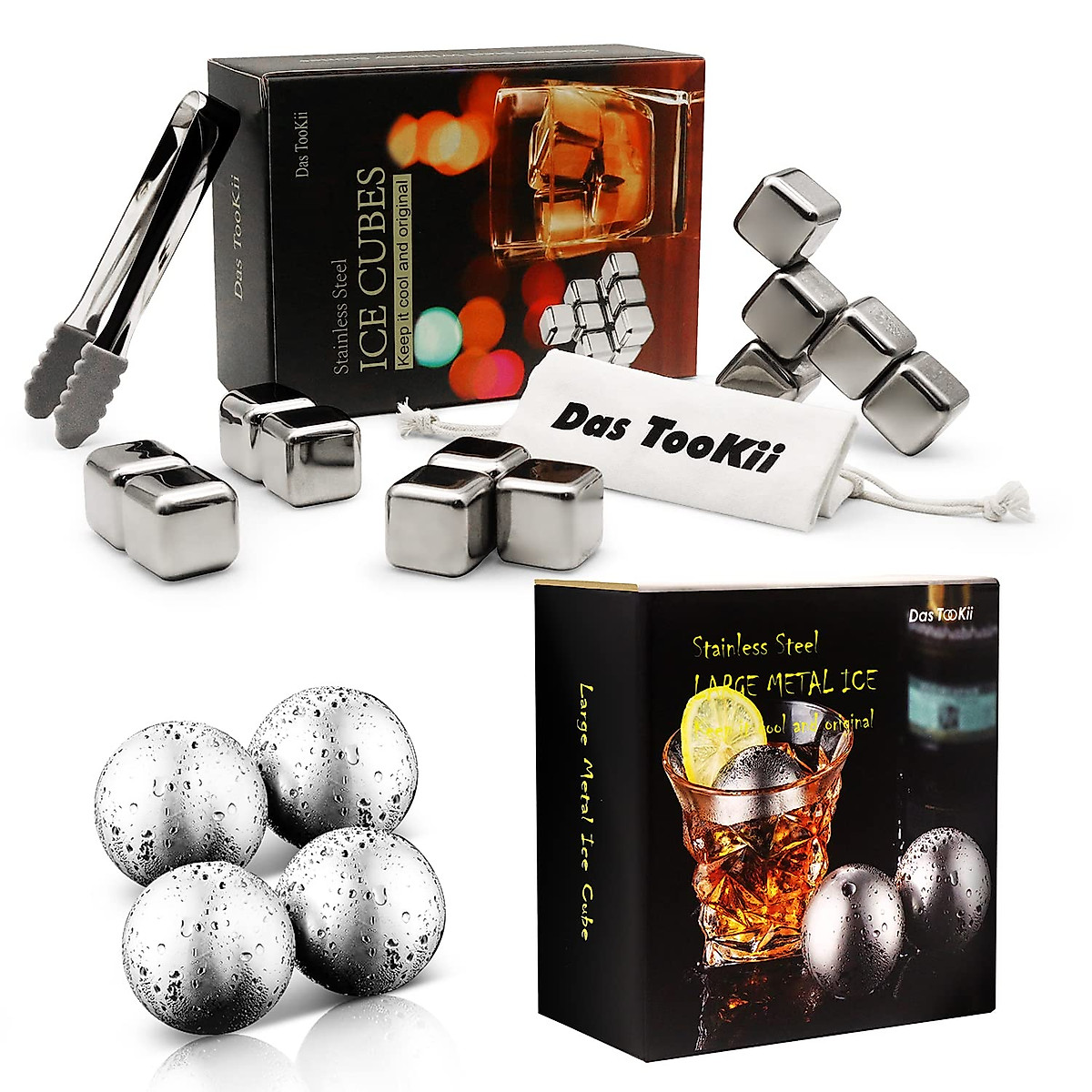 Whiskey Stones Gift Set for Men & Women, Stainless Steel Whisky Ice Balls, Metal Ice Cubes, Reusable Whiskey Rocks Beverage Chilling Stones