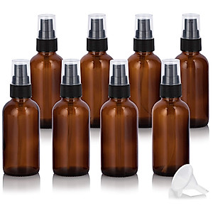 JUVITUS 2 oz Amber Glass Boston Round Black Treatment Pump Bottle (8 pack) + Funnel