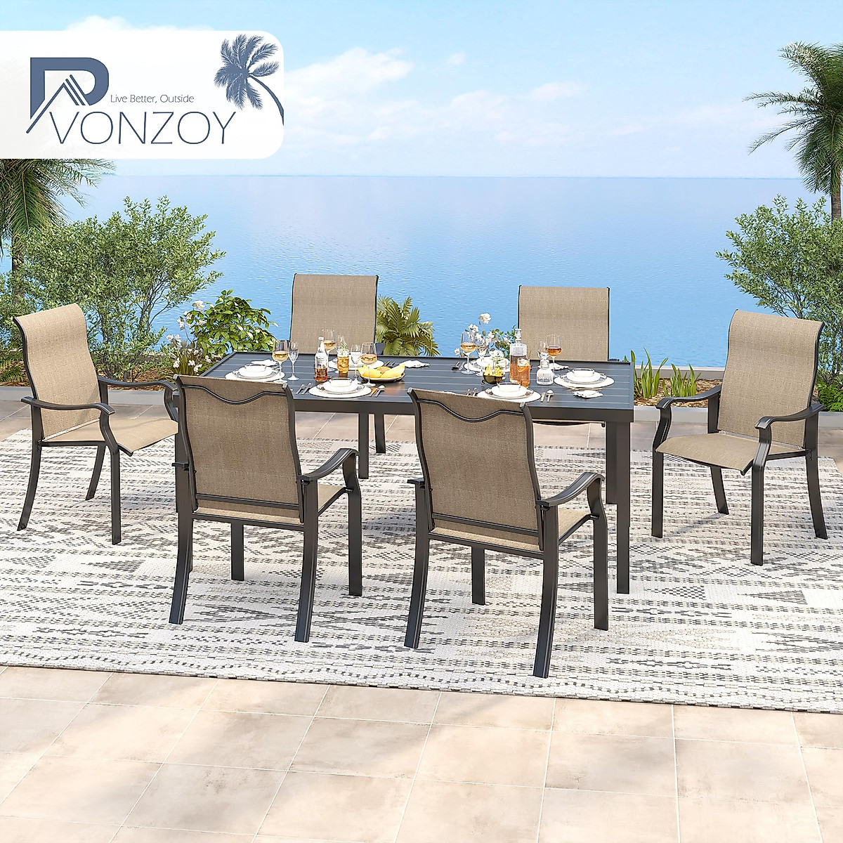 VONZOY Outdoor Patio Dining Chairs Set of 4, High Back Patio Chairs, All-Weather Textilene Outdoor Seating with Armrests for Lawn, Porch and Backyard (Brown)