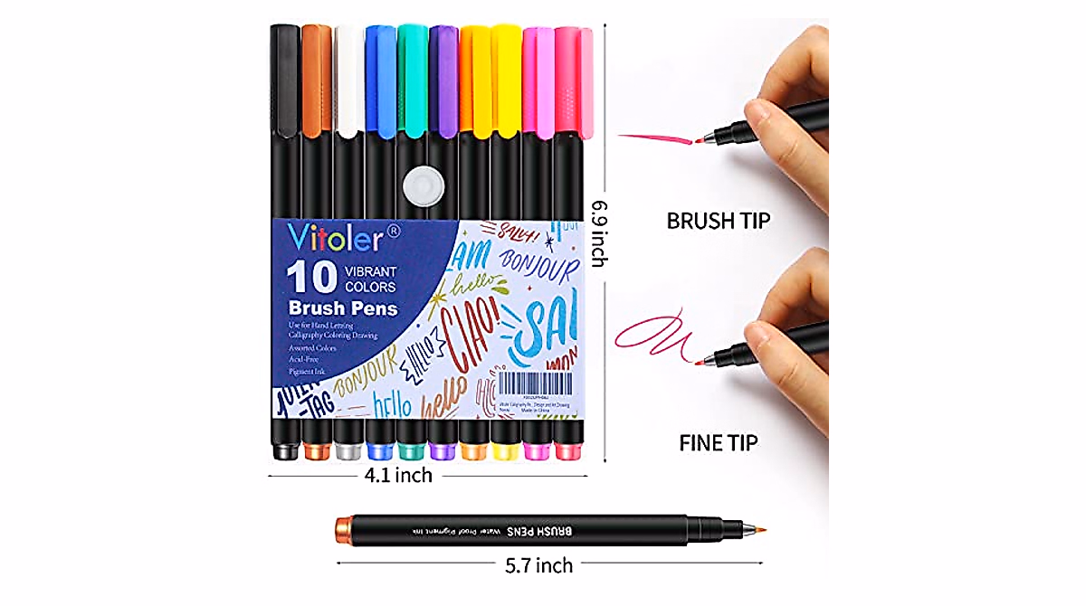Vitoler Calligraphy Pens Set – 10 Color Brush Tip Markers for Beginners