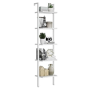 NUMENN Industrial Ladder Shelf, 5 Tier Book Shelf, Open Space Wall Mount Bookshelf with Metal Frame, Sturdy Book Shelves, Bookcase for Living Room, Home Office Shelf, White