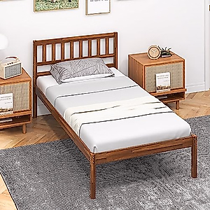 Giantex Wood Twin Bed Frame with Headboard, Mid Century Platform Bed with Wood Slat Support, Solid Wood Foundation, 12 Inch Height for Under Bed Storage, Easy Assemble, Walnut