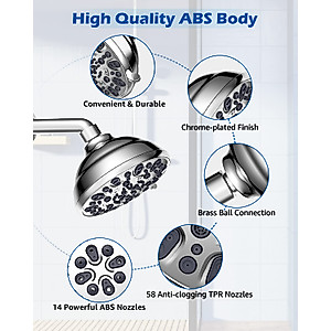 High Pressure Shower Head VMASSTONE 4.7" Rain Fixed Showerhead 7-Spray Setting with Adjustable Brass Swivel Ball Joint - Excellent Replacement for Your Bath Shower Head (FM-001 Chrome)