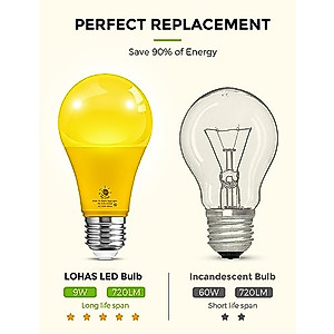 LOHAS Yellow LED Bug Light Bulbs Outdoor, A19 9W Auto On/Off Bug Lights for Outside, 2000K Amber Porch Light Bulb 60W Equi, Non-Attracting, E26 Base, Not-Dimmable, Ideal for Patio, Backyard, 2 Pack