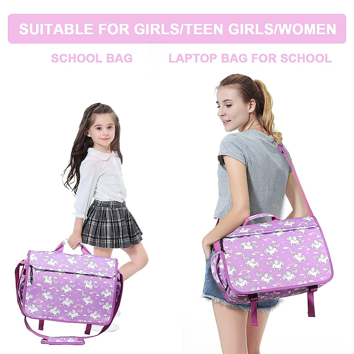 VASCHY Messenger Bag for Kids, Cute 15.6inch Laptop Crossbody School Bag for Boys Girls Teens Women Unicorn