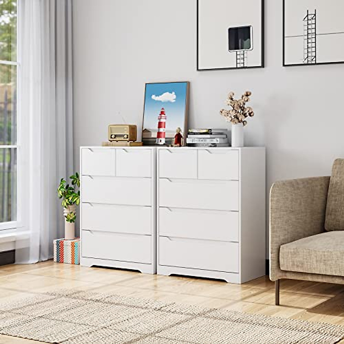 HOSTACK Modern 5 Drawer Dresser, Chest of Drawers with Storage, Wood Clothing Organizer with Cut-Out Handles, Accent Storage Cabinet for Living Room, Bedroom, Hallway, White
