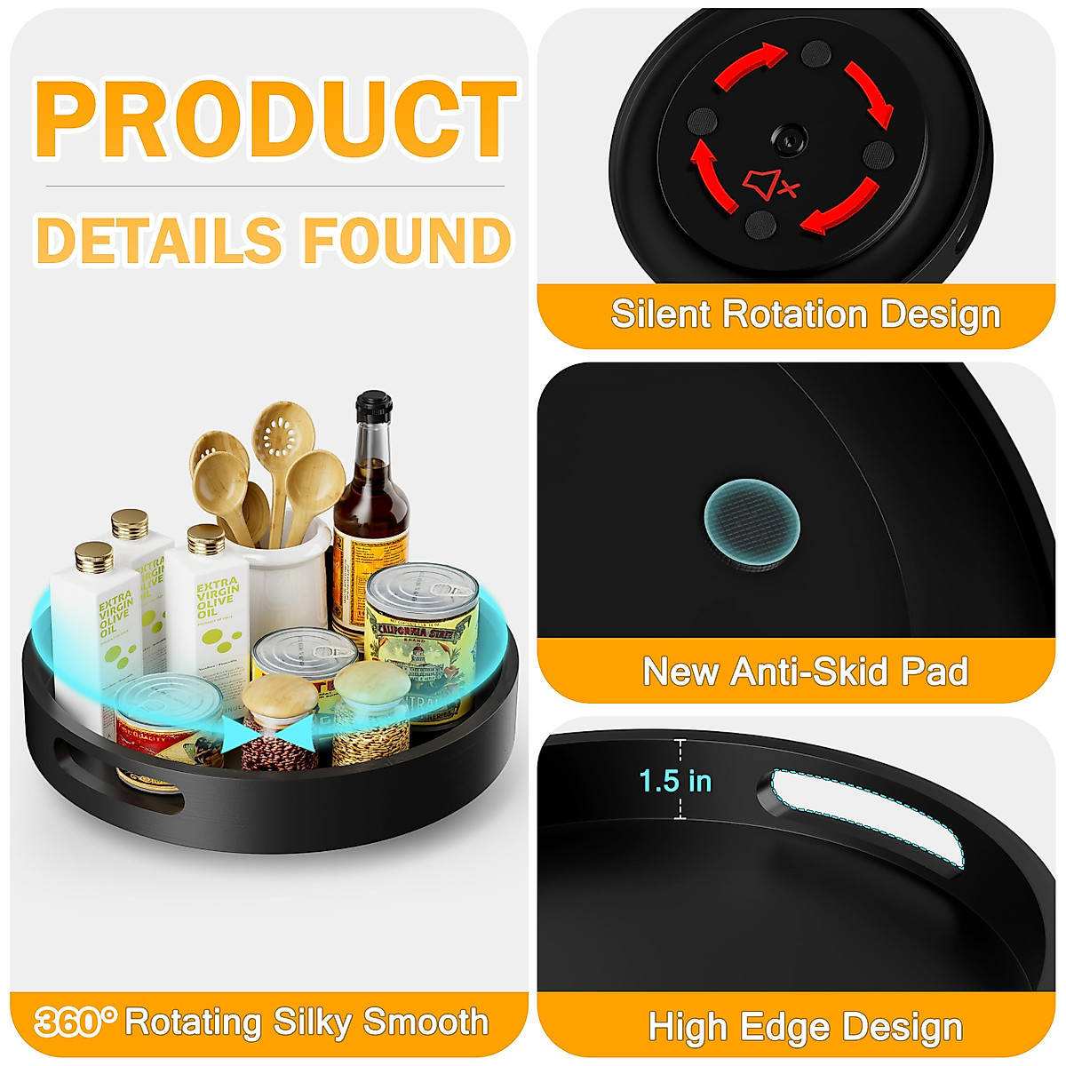 Homerays 12 Inch Lazy Susan Organizer, Kitchen Rotating Spice Rack, Bamboo Lazy Susan with Double Handles for Kitchen Cabinet (Black, Medium)