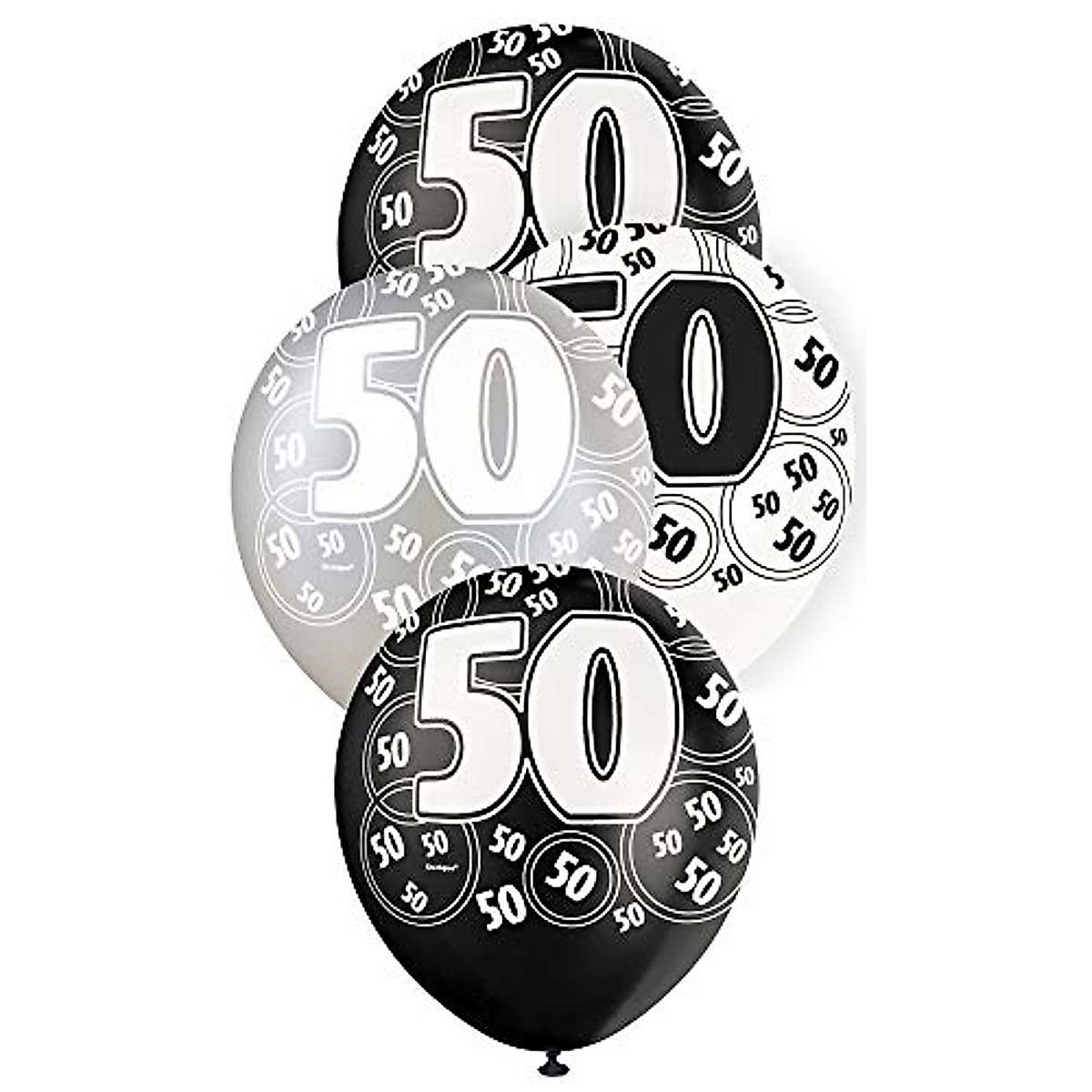 Unique Party 80896-12" Latex Glitz Black and Silver 50th Birthday Balloons, Pack of 6