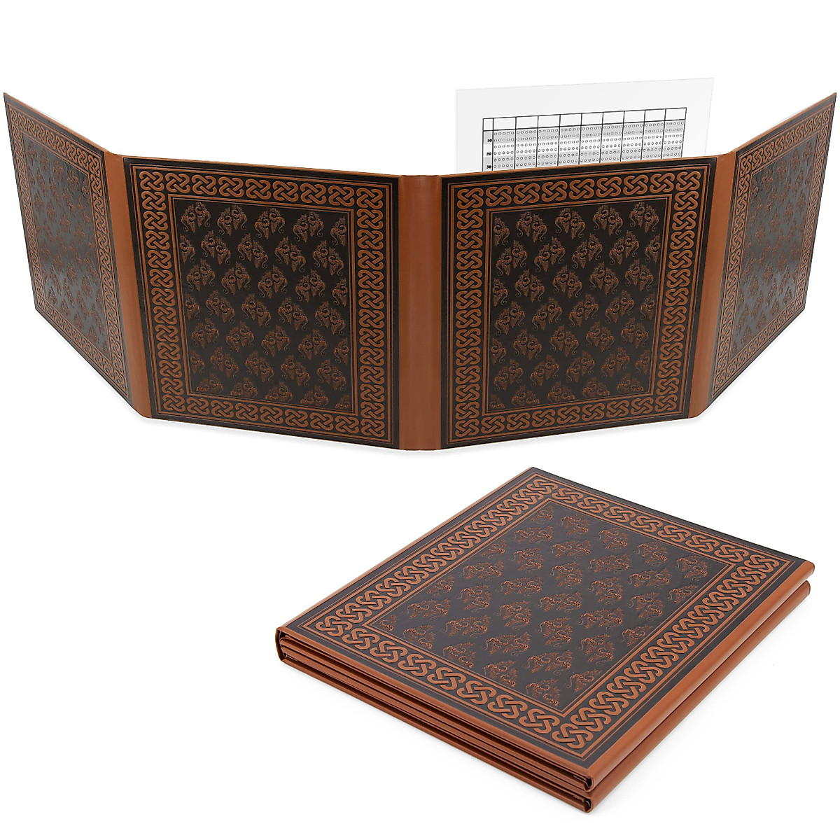 CASEMATIX DM Screen Faux Leather Embossed GM Screen - Four Panel Folding Dungeon Master Screen with Wet Erase Transparent Pockets and Compatible with Tabletop Roleplaying Games, Inserts Not Included