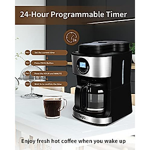 Teglu Coffee Maker with Grinder Built in 12 Cup, Programmable Grind and Brew Coffee Machine All in One with Warming Plate, Automatic Drip Coffee Pot with 60-oz Carafe BPA Free, 950W, Black-2023
