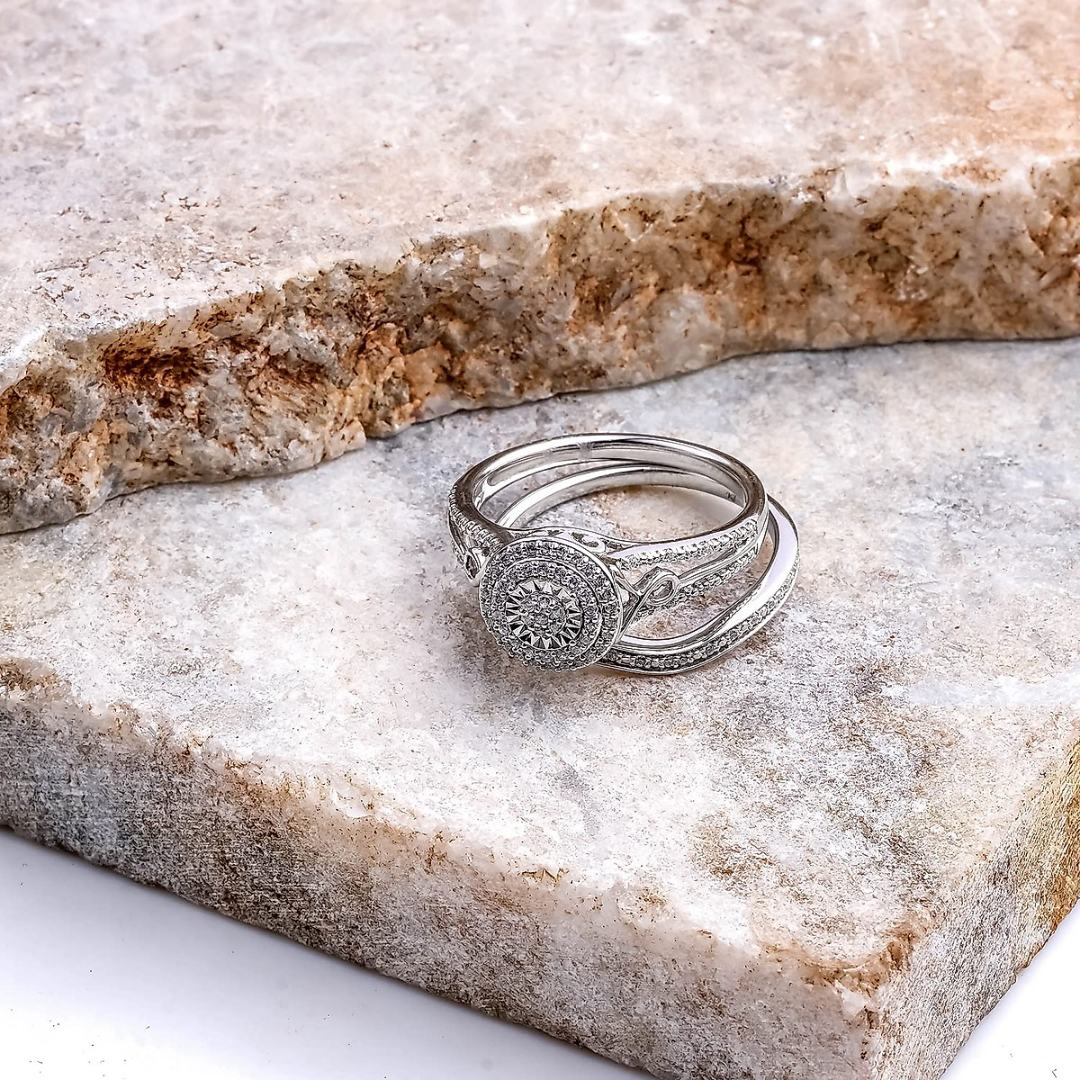 Cali Trove, 1/4cttw Diamond Round Cluster Double Halo Engagement Ring with Matching Diamond Wedding Band for Women in 925 Sterling Silver, Women's Silver Wedding Ring Set with Diamond Accented Bands,7