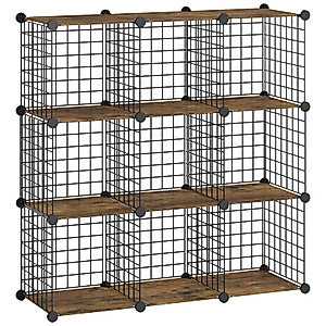 HOOBRO Cube Storage Organizer, Wire Cube Storage, 9-Cube Metal Grid Storage Shelf, Modular Cabinet, DIY Cube Bookshelf, for Living Room, Bedroom, Study, Rustic Brown and Black BF09CW01