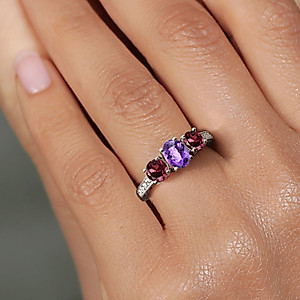 Gem Stone King 925 Sterling Silver Purple Amethyst and Red Rhodolite Garnet Engagement Ring For Women (2.07 Cttw, Oval Checkerboard Cut 7X5MM, Available in size 5, 6, 7, 8, 9)