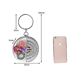 Womens Round Gorgeous Luxury Bling Evening Clutch Chain Bag with Flower Rhinestone Crystal Wedding Purse Bridal Prom Party Handbag Red