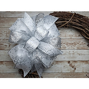 Christmas Winter Silver White Snowflake Bow for Wreath 10 inches