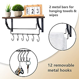 LAVIEVERT Floating Shelves Wall Mounted, Rustic Wood Shelves with 2 Towel Bars and 12 Removable Hooks, Decor Storage Shelves for Bedroom, Living Room, Bathroom, Kitchen, Office - Set of 2
