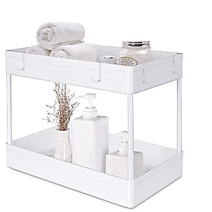 Under Sink Organizers and Storage,Under The Bathroom Sink Storage,2 Tier Under Sink Shelf with 4 Hooks,Bathroom and Kitchen Countertop Standing Rack,Under Sink Organizer for Bathroom Kitchen,White