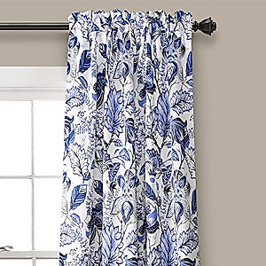 Lush Decor Cynthia Jacobean Darkening Window Curtains Panel Set for Living, Dining Room, Bedroom (Pair), 95" L, Blue