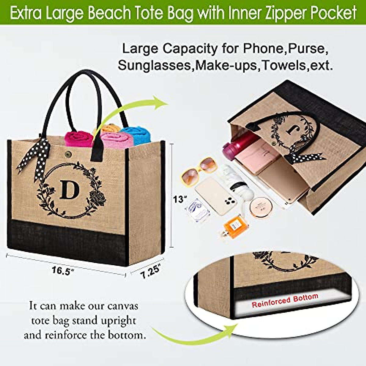 BeeGreen Personalized Tote Bag for Women w Magnetic Buckle Birthday Gifts w Bottom Support Initail Jute Tote Bag w Inner Zipper Pocket Embroidery Monogram Tote Bag for Women Mom Mother C