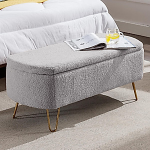 NIOIIKIT Storage Ottoman Bench, Comfy Faux Fur Upholstered Entryway Bench with Metal Legs, Bedroom Bench with Flip Top, Footrest Shoe Bench for Living Room, Bedroom (Grey)