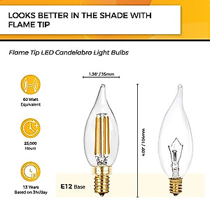 Hizashi LED Candelabra Bulbs 60 watt Equivalent 2700K Soft Warm White, Dimmable Chandelier Light Bulbs, 90+ CRI 6W 550LM, CA11 Flame Tip E12 LED Candle Bulb, UL Listed - 12 Pack
