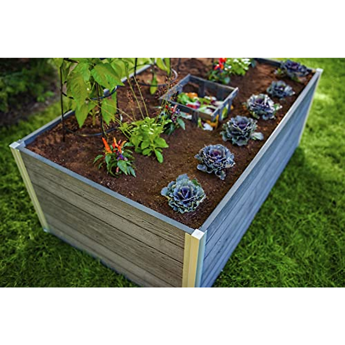 Vita Urbana 3 Foot x 5 Foot Embossed Vinyl Keyhole Garden with Composting Basket, Slate Grey, Gray, PVC, BPA and Pthalate Free, Woodgrain, VT17602