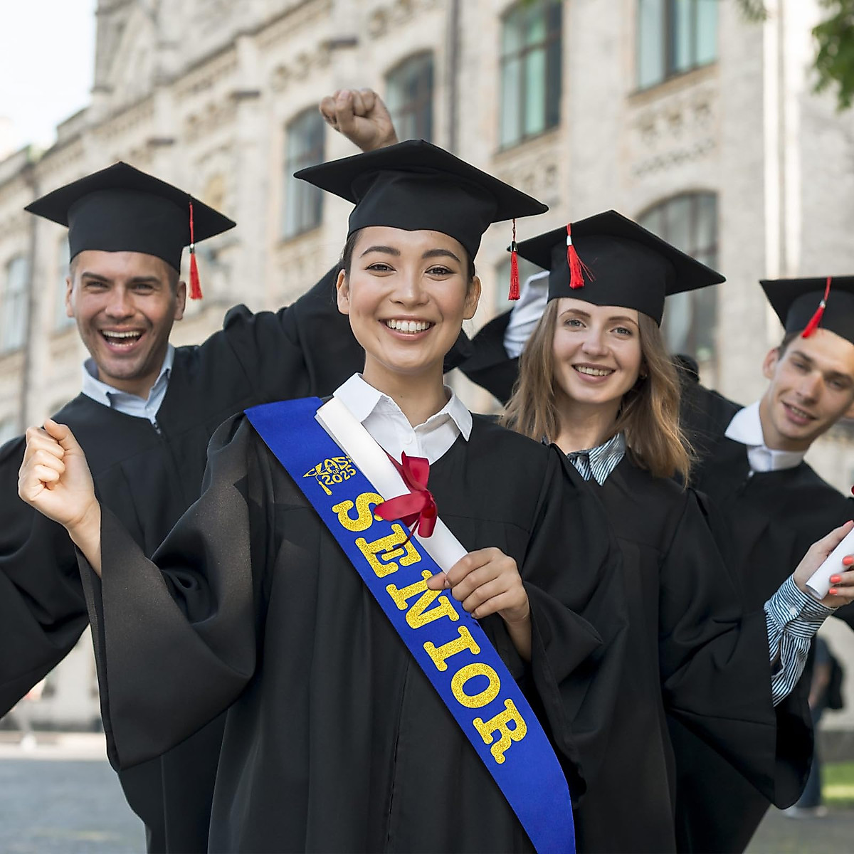 Class of 2025 Senior Sash, Royal Blue Satin Finally Graduated Sash with Gold Printing Letters Cheerleader Senior Sash for Class of 2025 Graduation Party Celebrations Supplies(Royal Blue+Gold)
