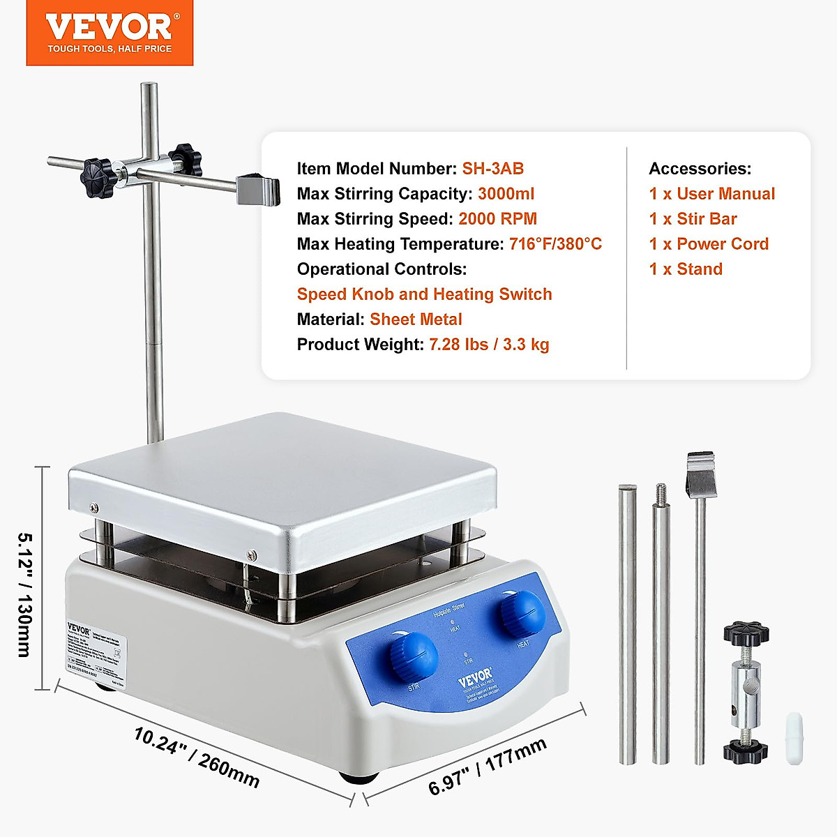 VEVOR Magnetic Stirrer Hot Plate, Max 716°F/380°C, 0-2000 RPM Hot Plate with Magnetic Stirrer, 3000mL Hot Plate Stirrer, Support Stand and Stir Bars Included, 500W Heating Power