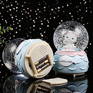 Yuehuam Cute Cartoon Cat Globe Ball Music Box with LED Light Color Changing Snow Globes with Resin Base Novelty Ornament Gift for Christmas Birthday Valentines Day Women Mom Daughter, 1Pc