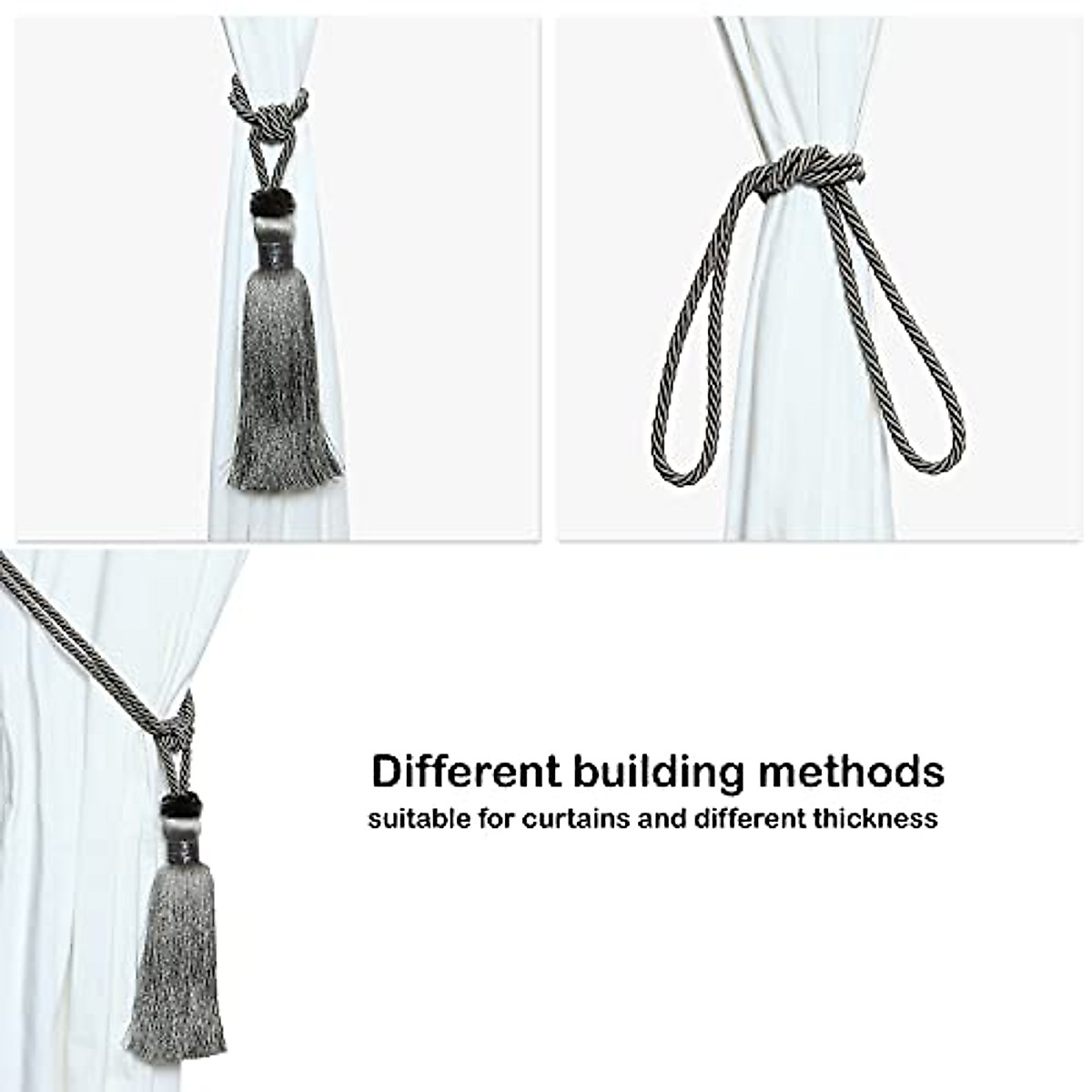 MALANOV 2 Pack Curtain Beaded Tassels Tiebacks Tie-Backs, Curtain Handmade Holdbacks, Polyester Beaded Curtain Tieback - Grey