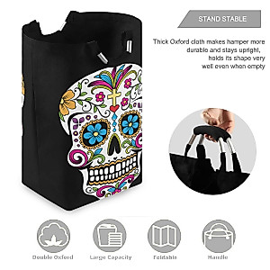 visesunny Sugar Skull Floral Large Laundry Hamper with Handle Foldable Durable Clothes Hamper Laundry Bag Toy Bin for Bathroom, Bedroom, Dorm, Travel